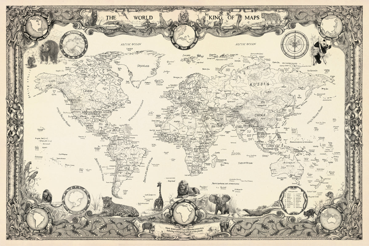 WORLD OF ANIMALS MAP - World map hand-drawn showing endangered animals ...
